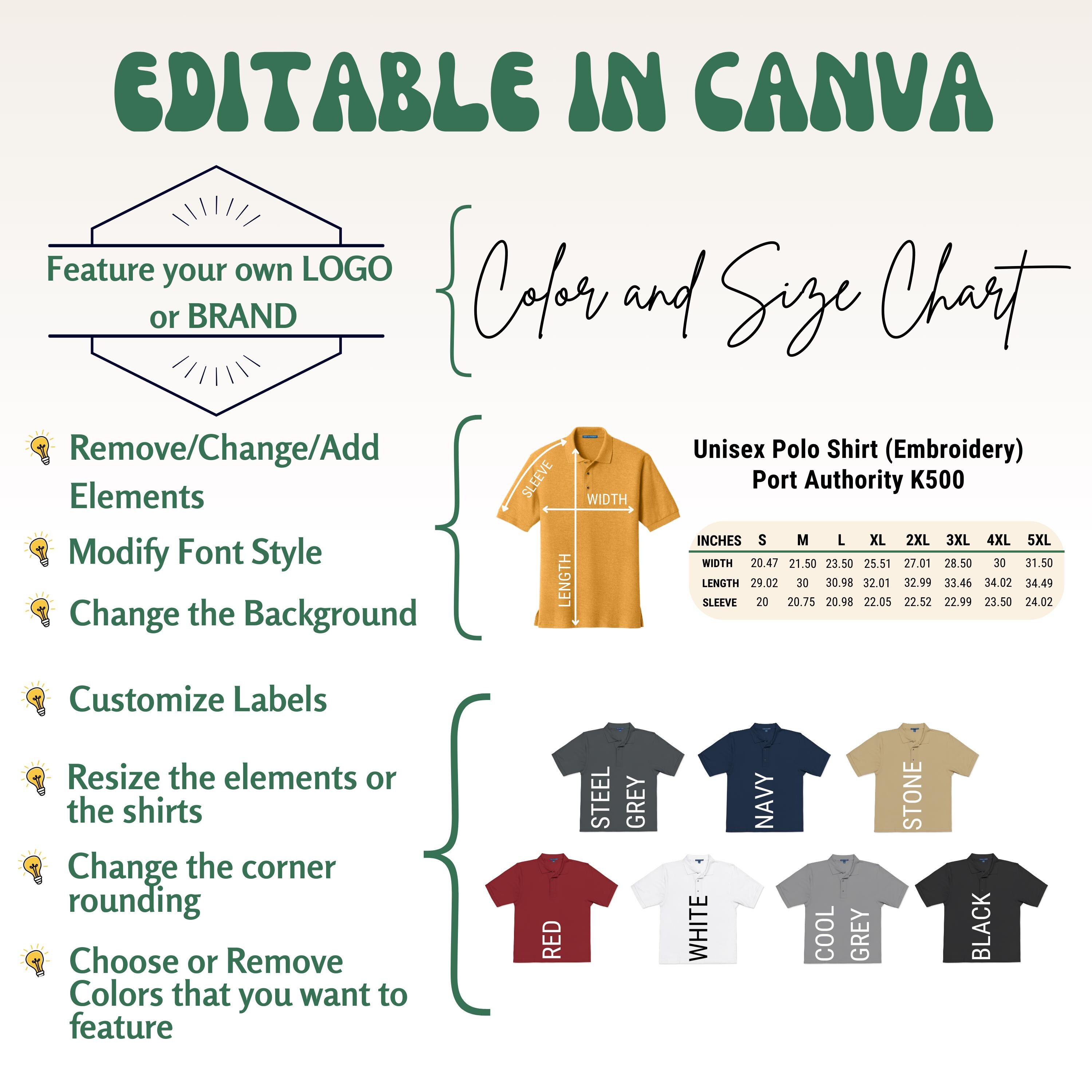 Editable Unisex Polo Shirt Port Authority K500 Color+size Chart,canva ...