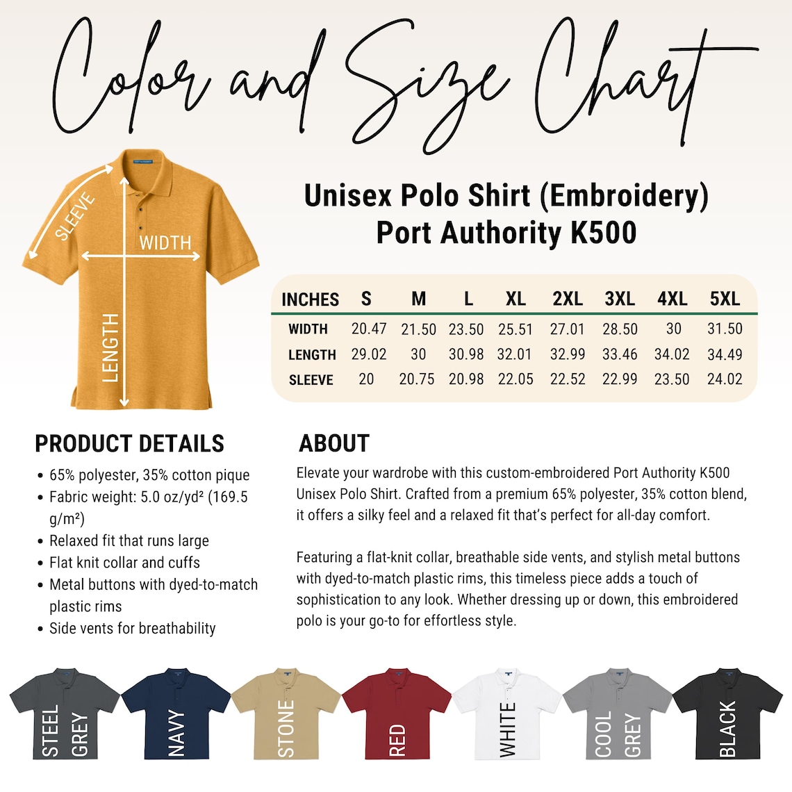 Editable Unisex Polo Shirt Port Authority K500 Color+size Chart,canva ...