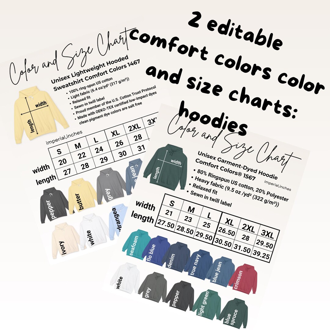 Editable Comfort Colors 1467,1567 Color and Size Charts,comfort Colors ...