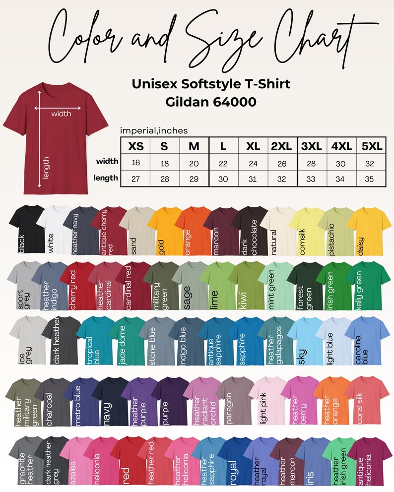 Gildan 64000 Color and Size Chart,unisex T-shirt Size Chart,64000 Color ...