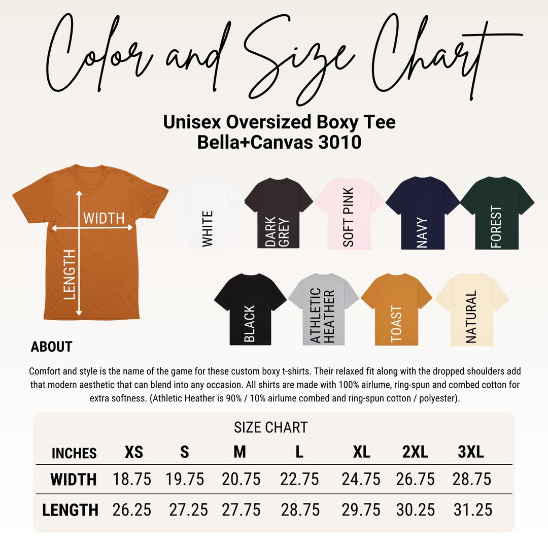 Editable Bella Canvas 3010 Size and Color Chart,printify Color Chart ...