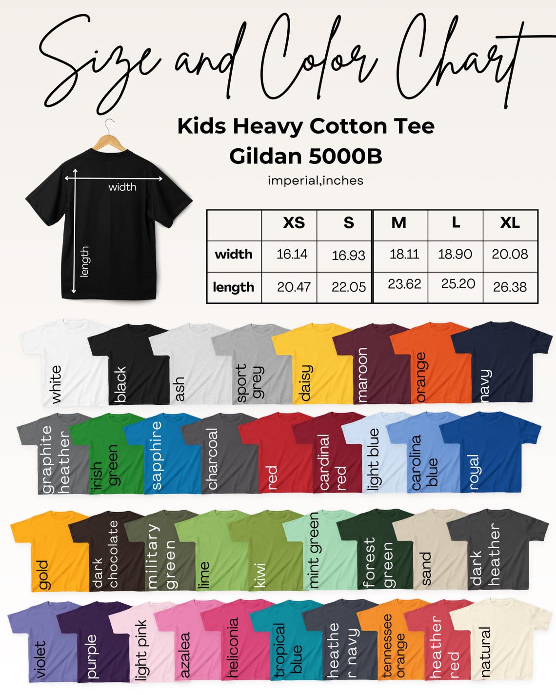 Gildan 5000B Size and Color Chart,printify Color Chart,gildan 5000B ...