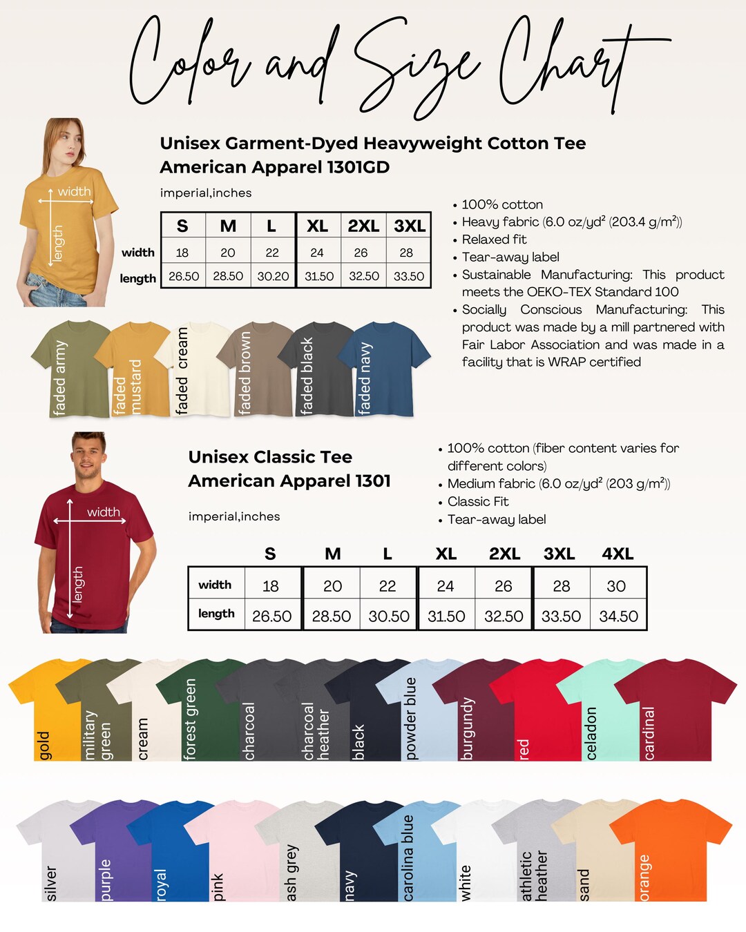 Editable 2 American Apparel Color and Size Charts,digital Charts ...