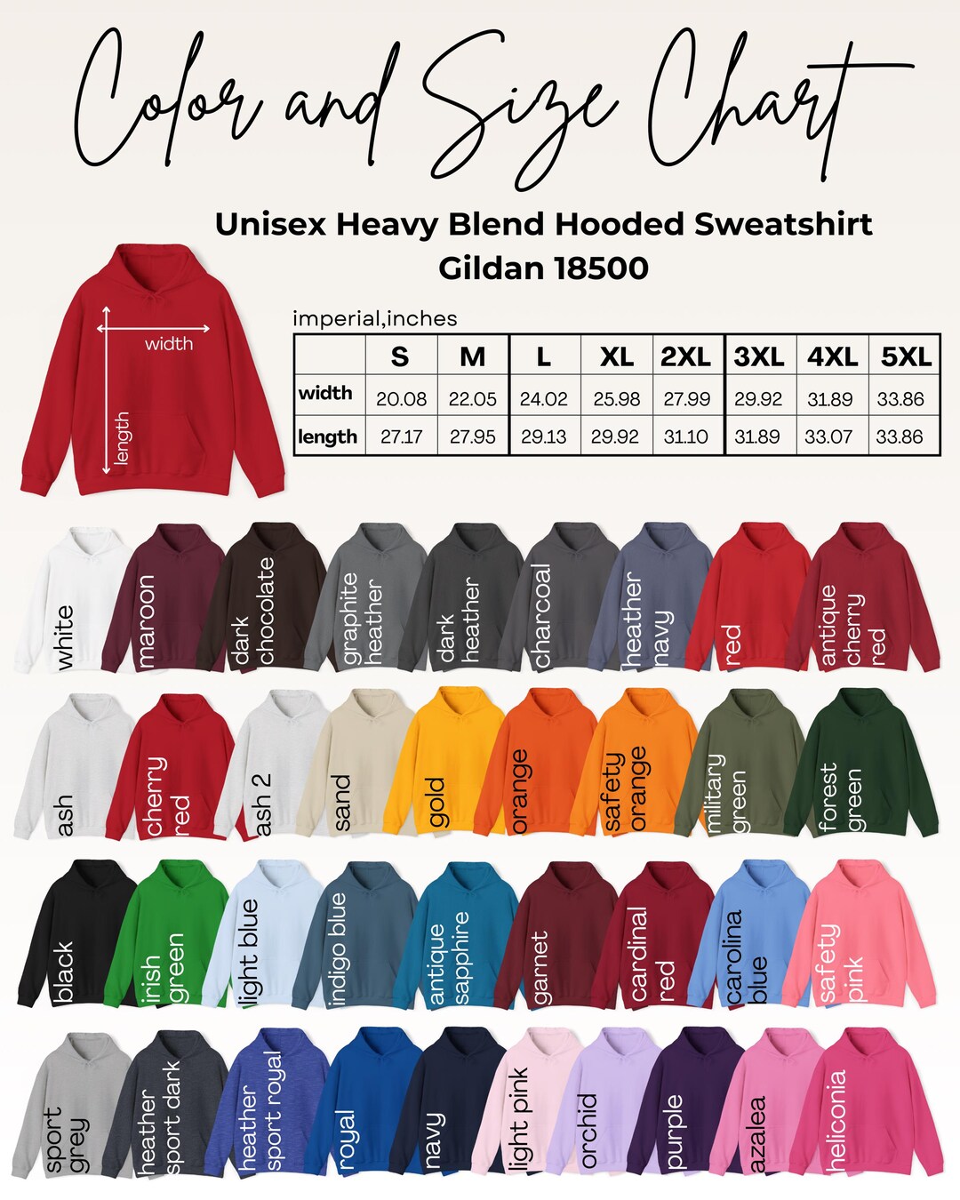 Gildan 18500 Color and Size Chart,gildan 18500 Mock Up,gildan 18500 ...