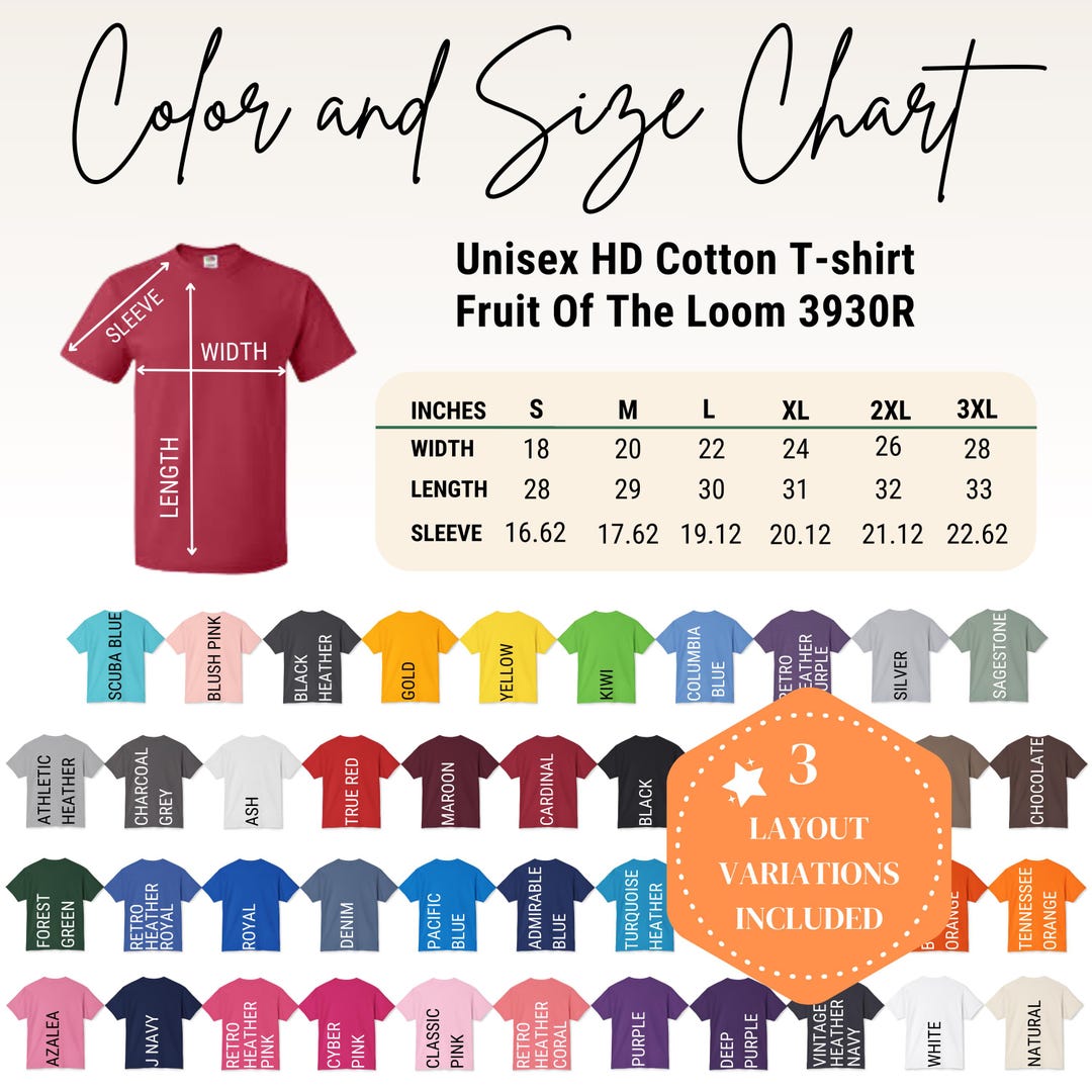 EDITABLE Fruit of the Loom 3930R Color+size Chart,fruit of the Loom 3930R Chart,3930r Color and ...