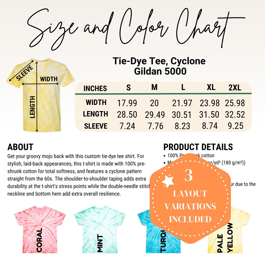 Editable Tie-dye Tee Cyclone Gildan 5000 Colo+size Chart,canva Chart ...