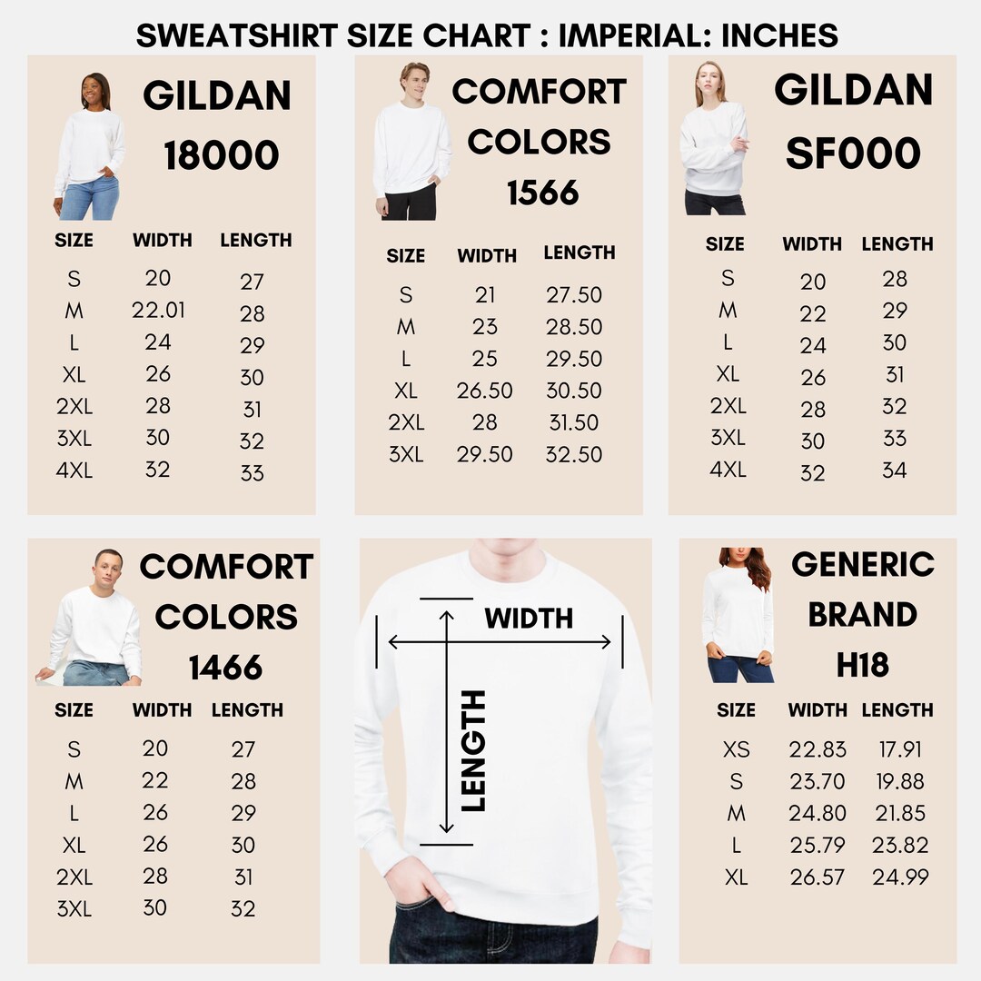 5 Sweatshirt Size Charts, Long Sleeves Size Chart, Digital Download ...
