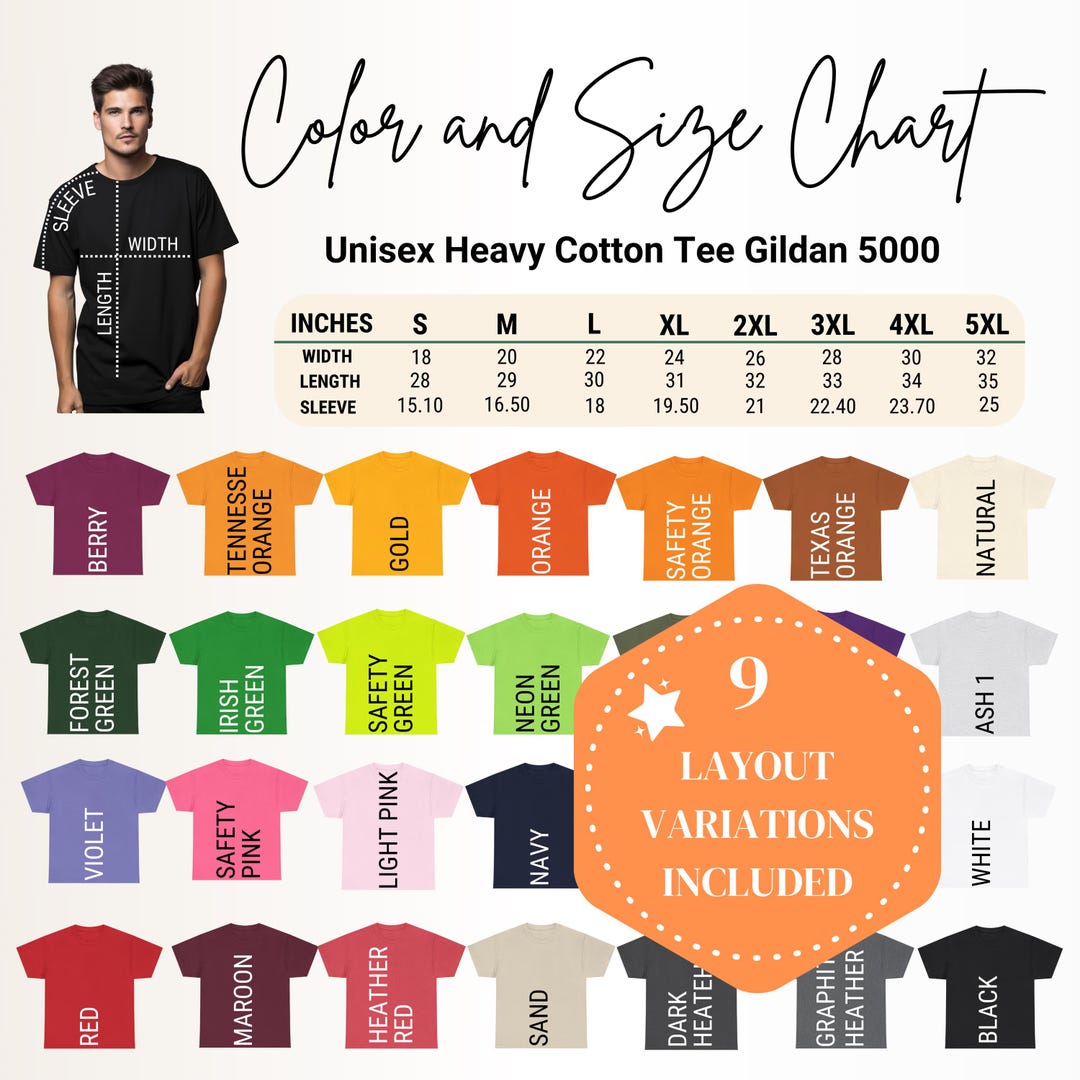 Editable Gildan 5000 Color+size Chart,canva Chart Template,5000 Chart ...
