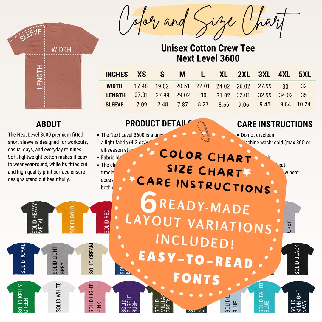 Editable Next Level 3600 Color and Size Chart,canva Template,unisex ...