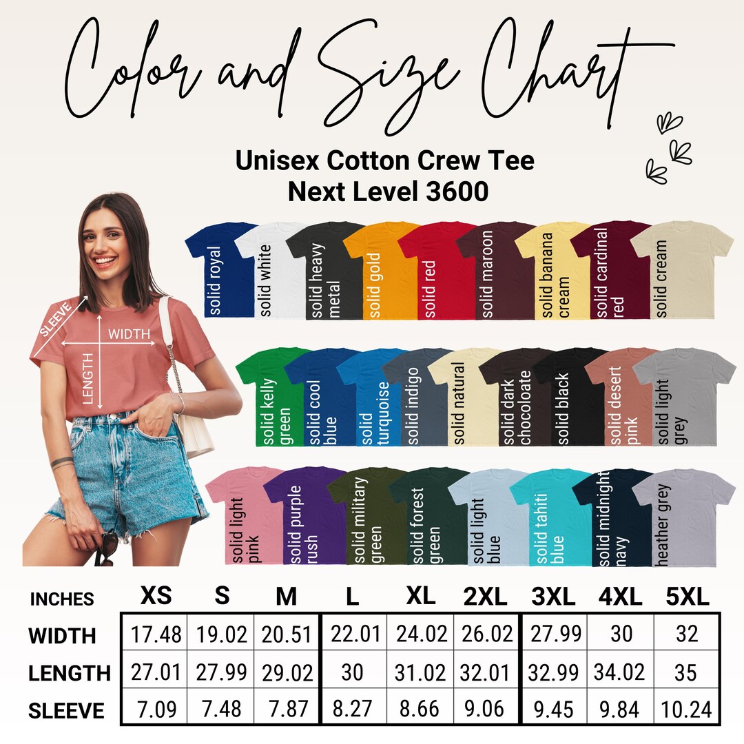 Editable Next Level 3600 Color and Size Chart,unisex Tee Next Level ...