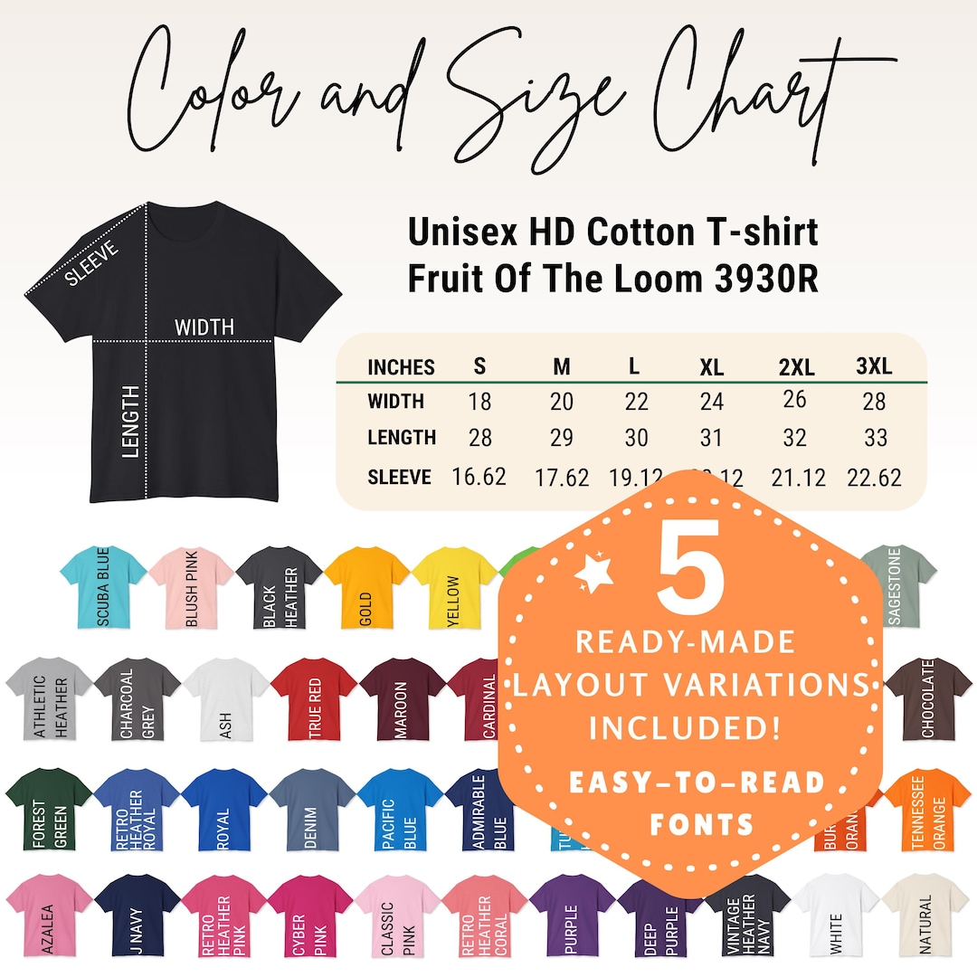 Editable Fruit of the Loom 3930R Color+size Chart,canva Template ...