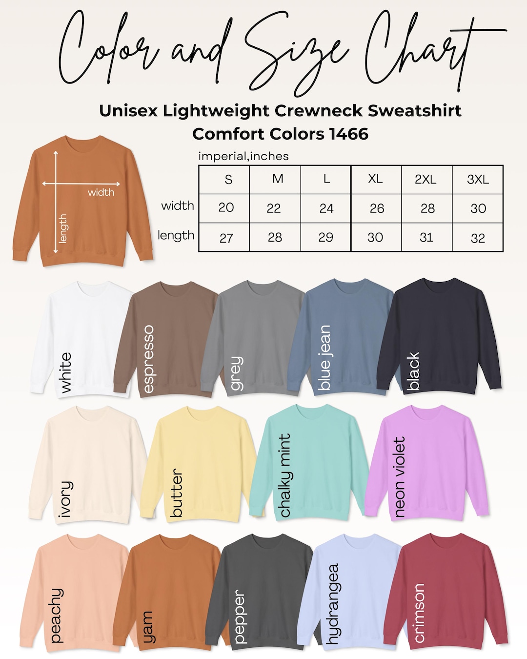 Comfort Colors 1466 Color and Size Chart,comfort Colors Sweatshirt ...