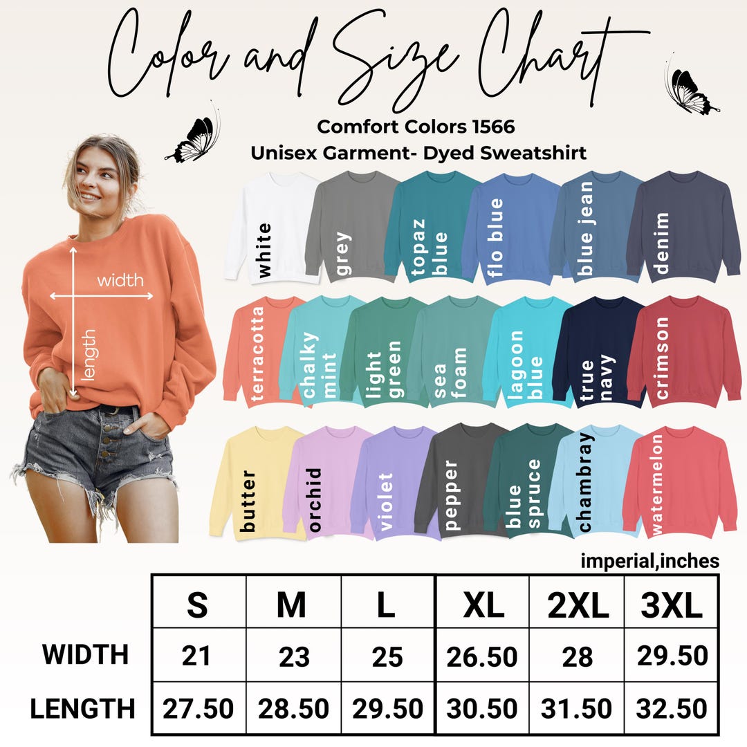 Editable Comfort Colors 1566 Color and Size Chart,dyed Sweatshirt Color ...