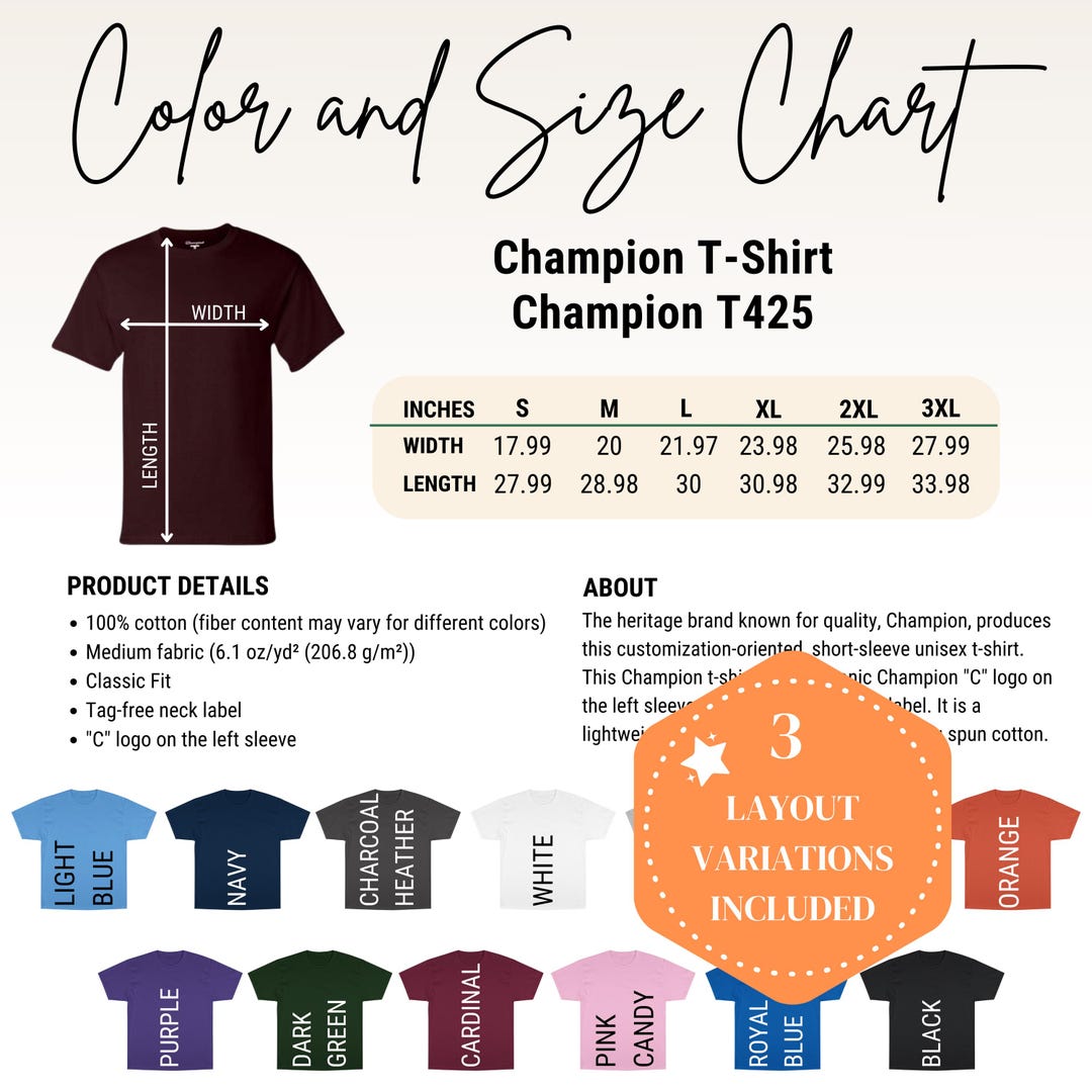 Editable Champion Shirt T425 Color+size Chart,canva Chart Template ...