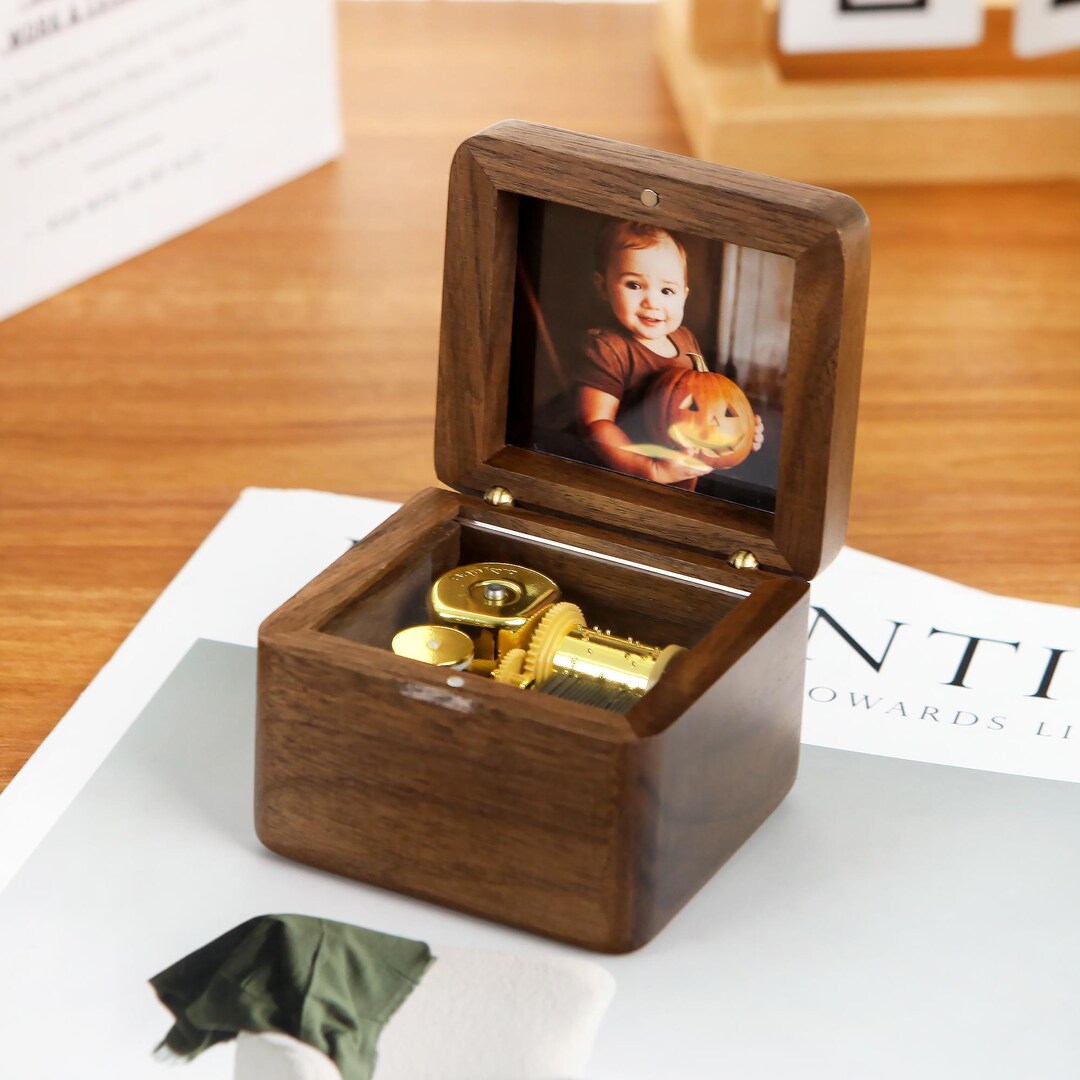 Fathers Day Gift Custom Music Box Vintage Mini Wooden Photo Engraved ...