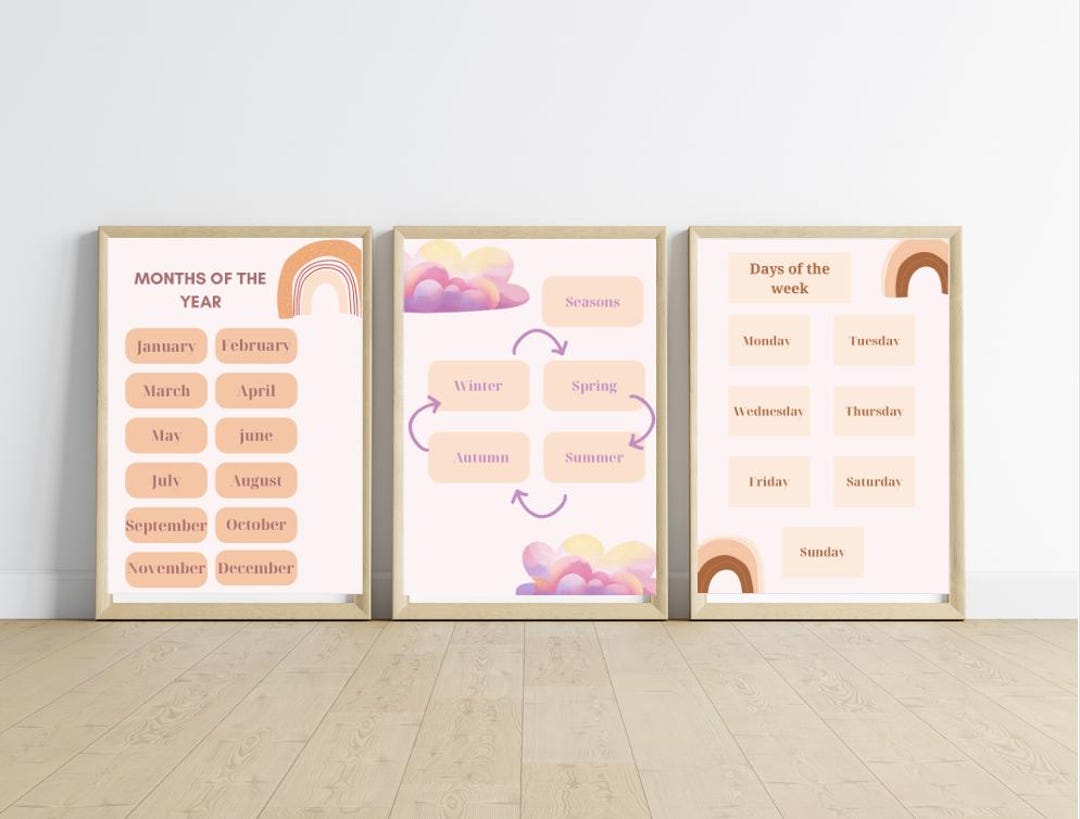 Set of 3 Educational Wall Art (days of the Week, Months of the Year ...