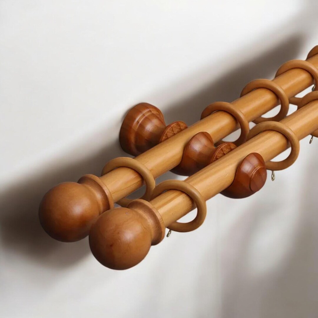 Natural Pine Wooden Curtain Rods, Adjustable Curtain Hooks, Window ...