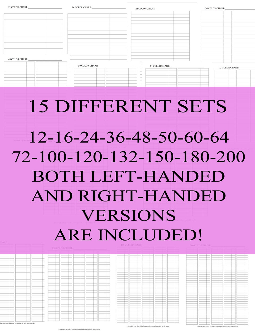 Set of 15 Blank Color Charts Left-handed and Right-handed Digital ...
