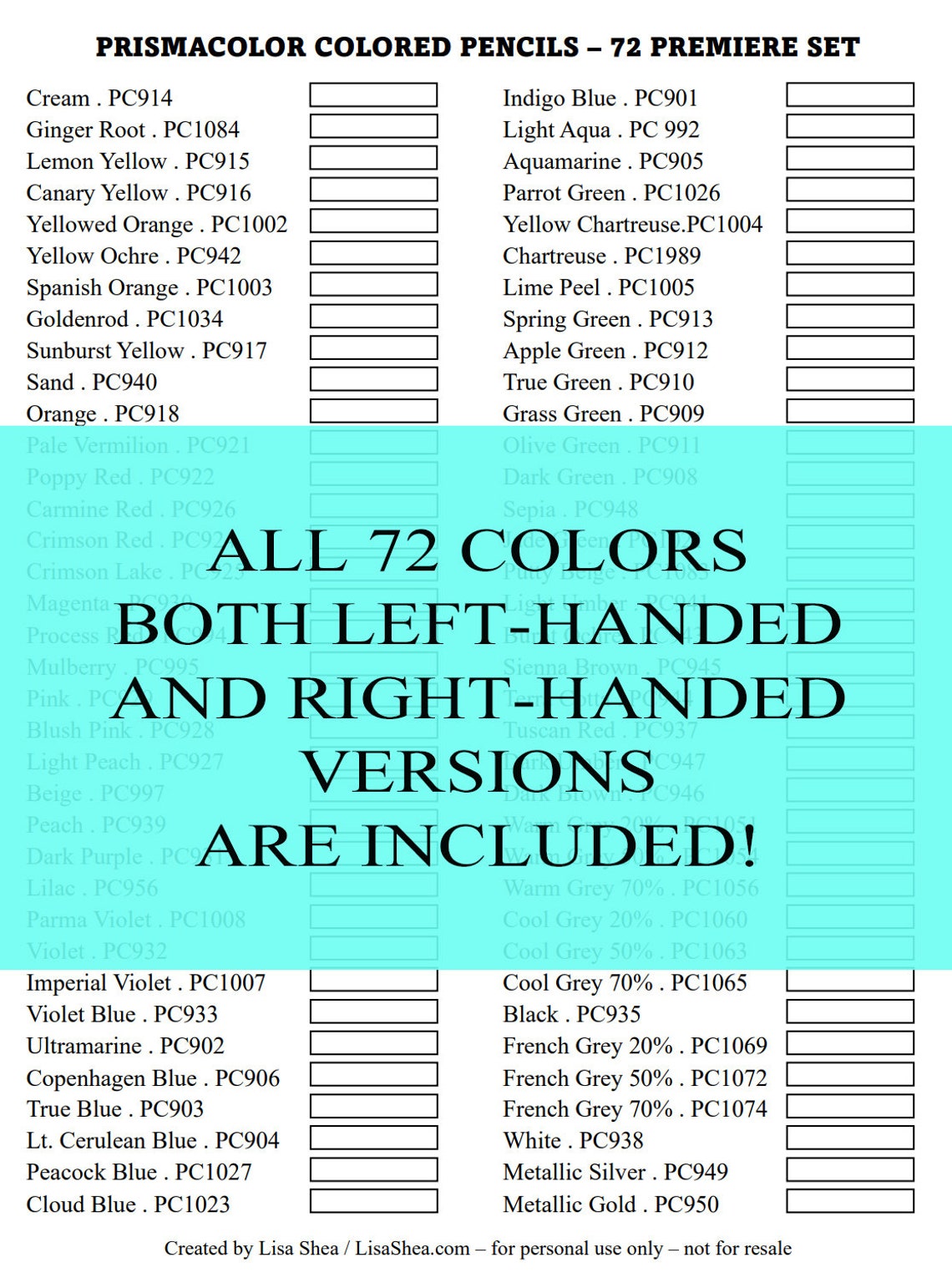 Prismacolor Premier Color Chart for 72 Colored Pencil Set Swatch Sheet ...