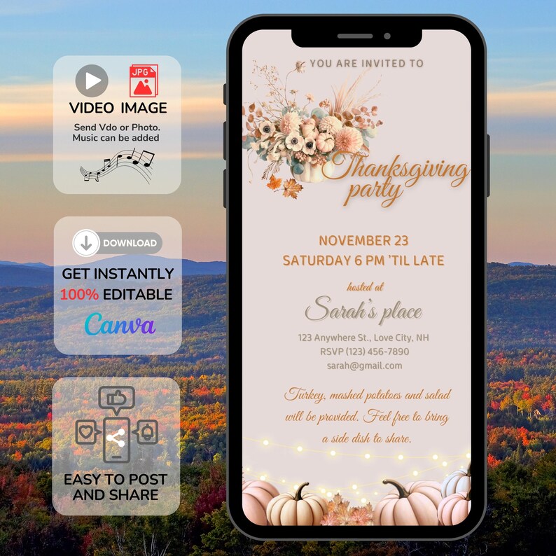 Editable Boho Thanksgiving Dinner Invitation Digital Animated Video ...