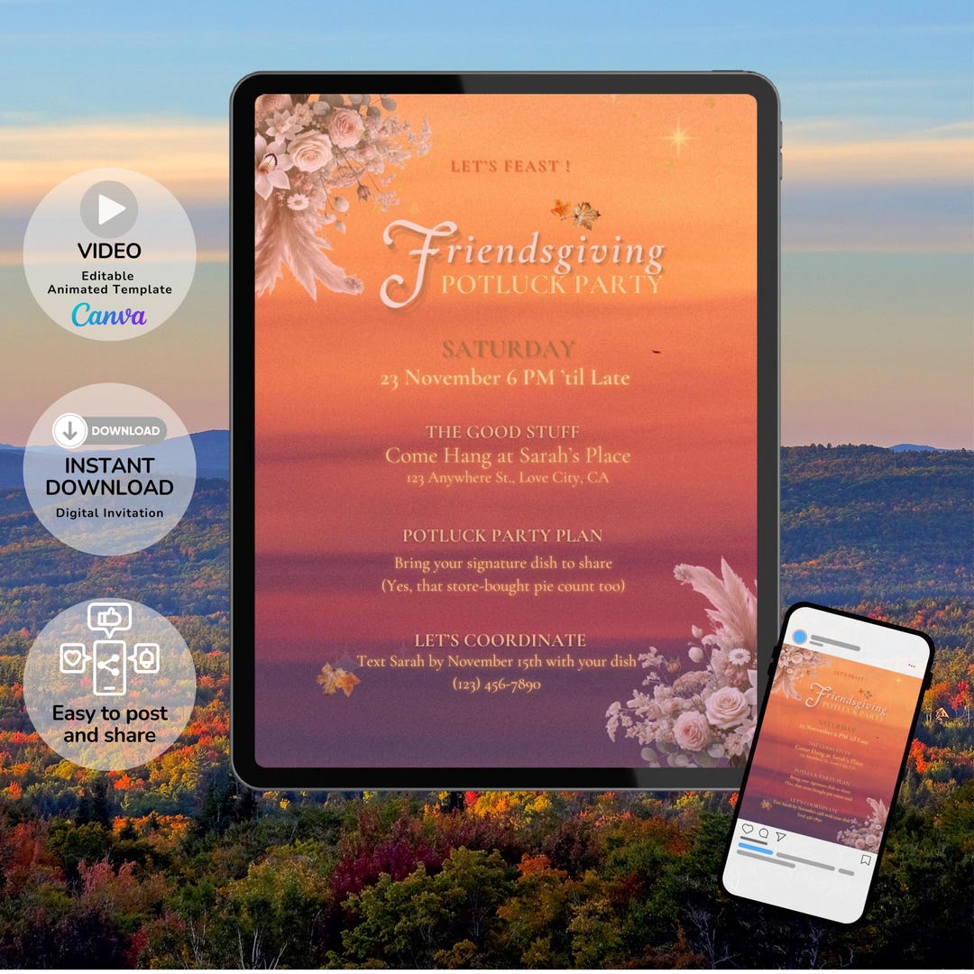 Friendsgiving Potluck Invitation Boho Digital Animated Video Template ...