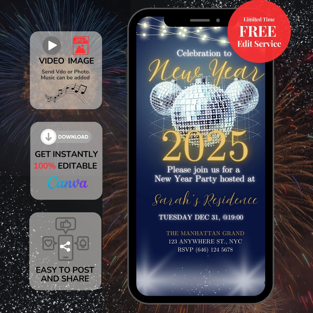 NYE Invite, Editable New Year's Eve Luxury Video Template, Digital ...