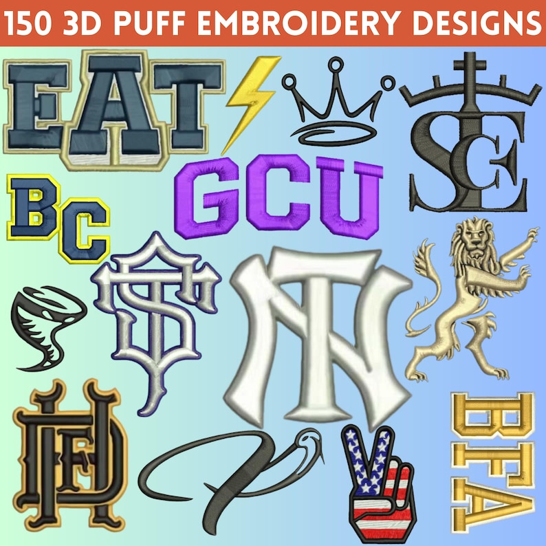 150 Puffy Embroidery Designs, 3D Foam Machine DST Files, Tajima and ...