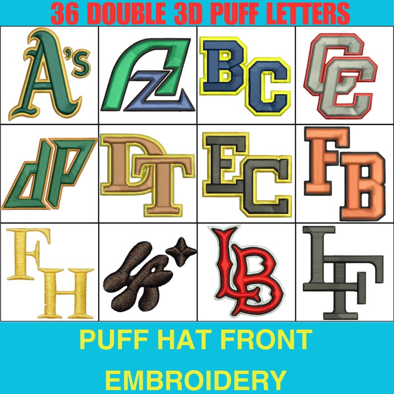Puffy Embroidery Designs for Hats, 36 3D Dual Letters Instant Download ...