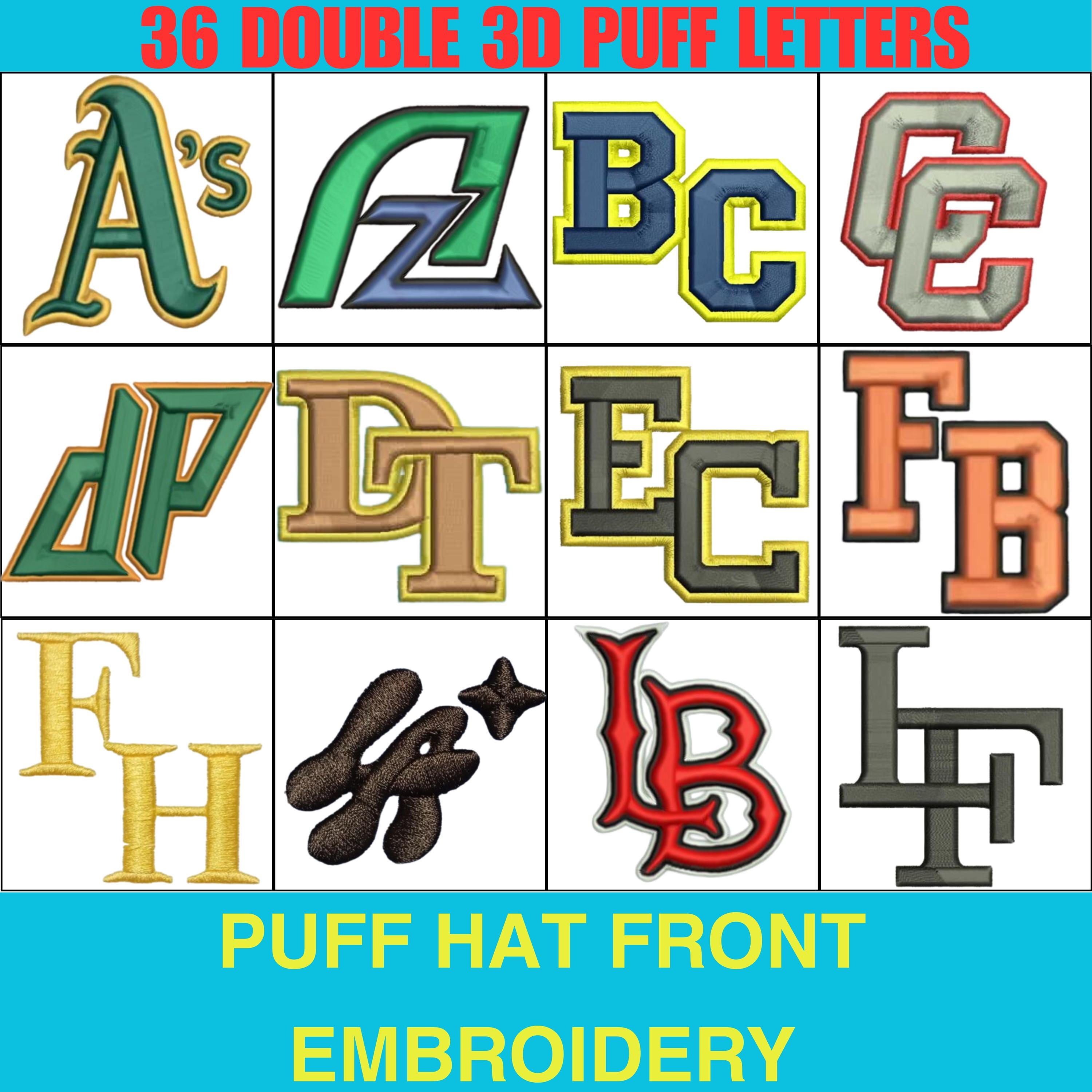 Puffy Embroidery Designs for Hats, 36 3D Dual Letters PES Files Instant ...
