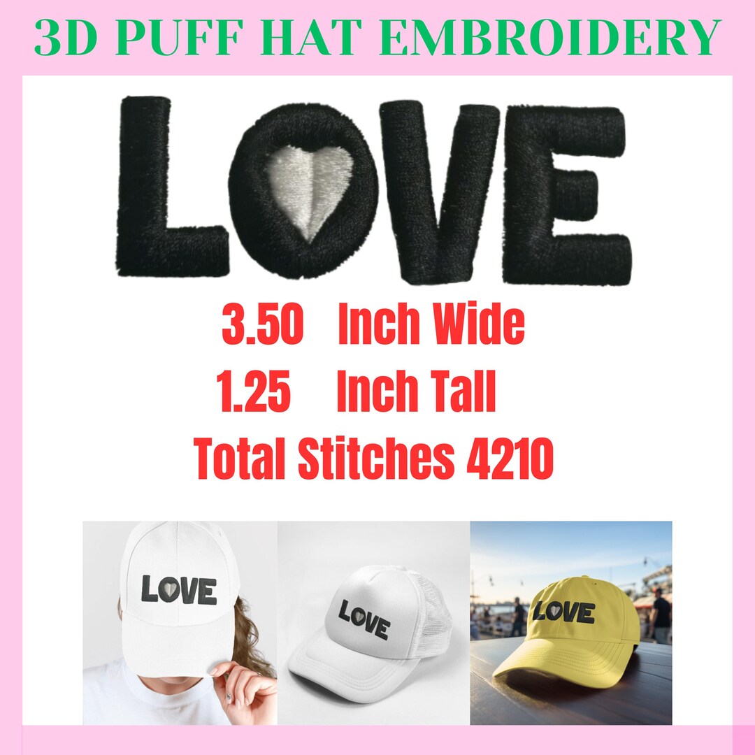 3D Puff Embroidery | Love 3D Puff | Love Heart Puff | Hat Front ...