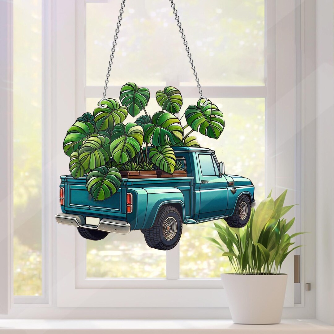 Truck With Monstera Acrylic Window Hanging, Monstera Leaves Home Decor ...