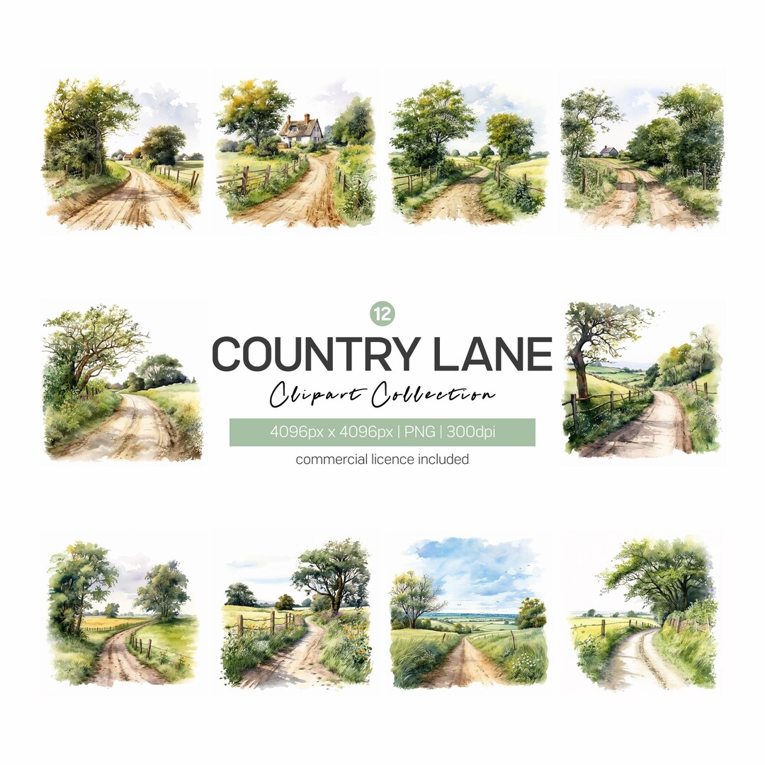 Country Lane Clipart Bundle, 12 High Quality PNG Files, Journal ...