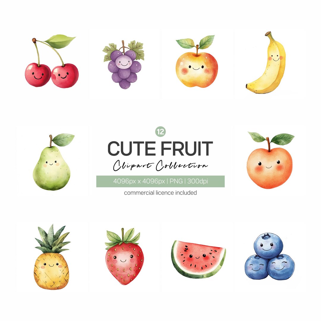 Cute Fruit Clipart Bundle, 12 High Quality PNG Files, Journal ...