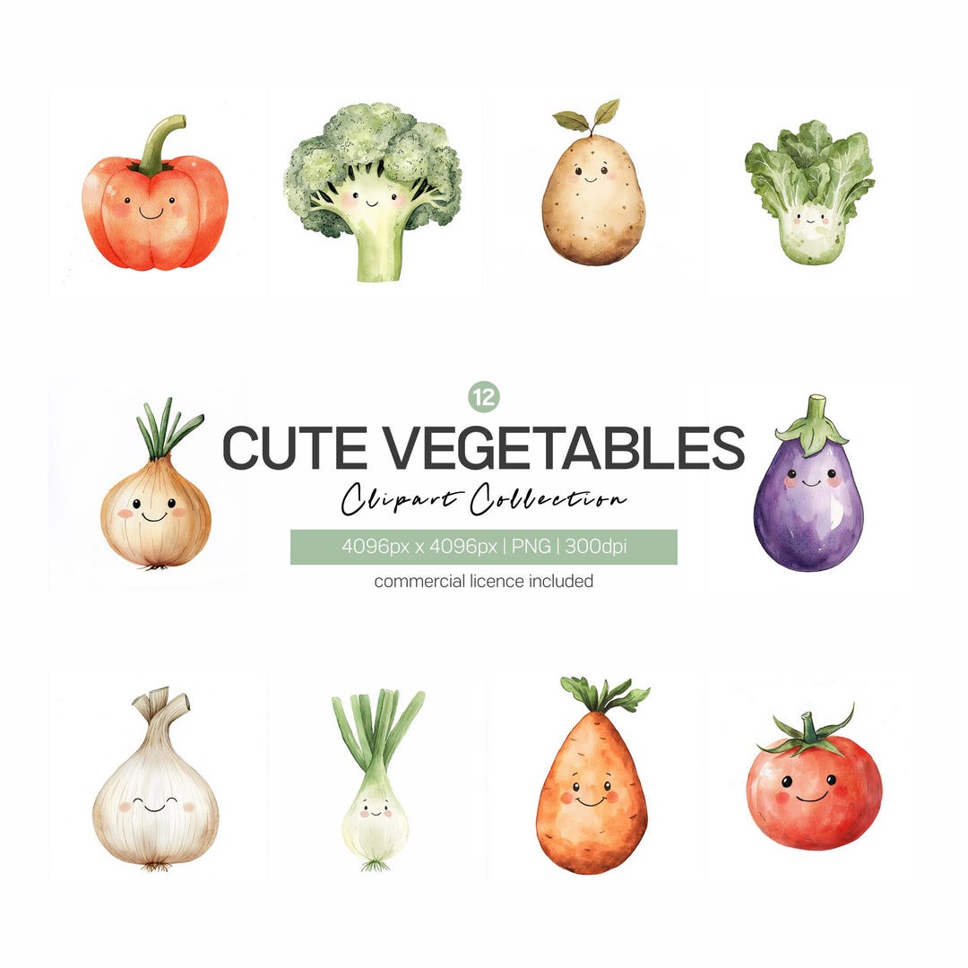 Cute Vegetables Clipart Bundle, 12 High Quality PNG Files, Journal ...