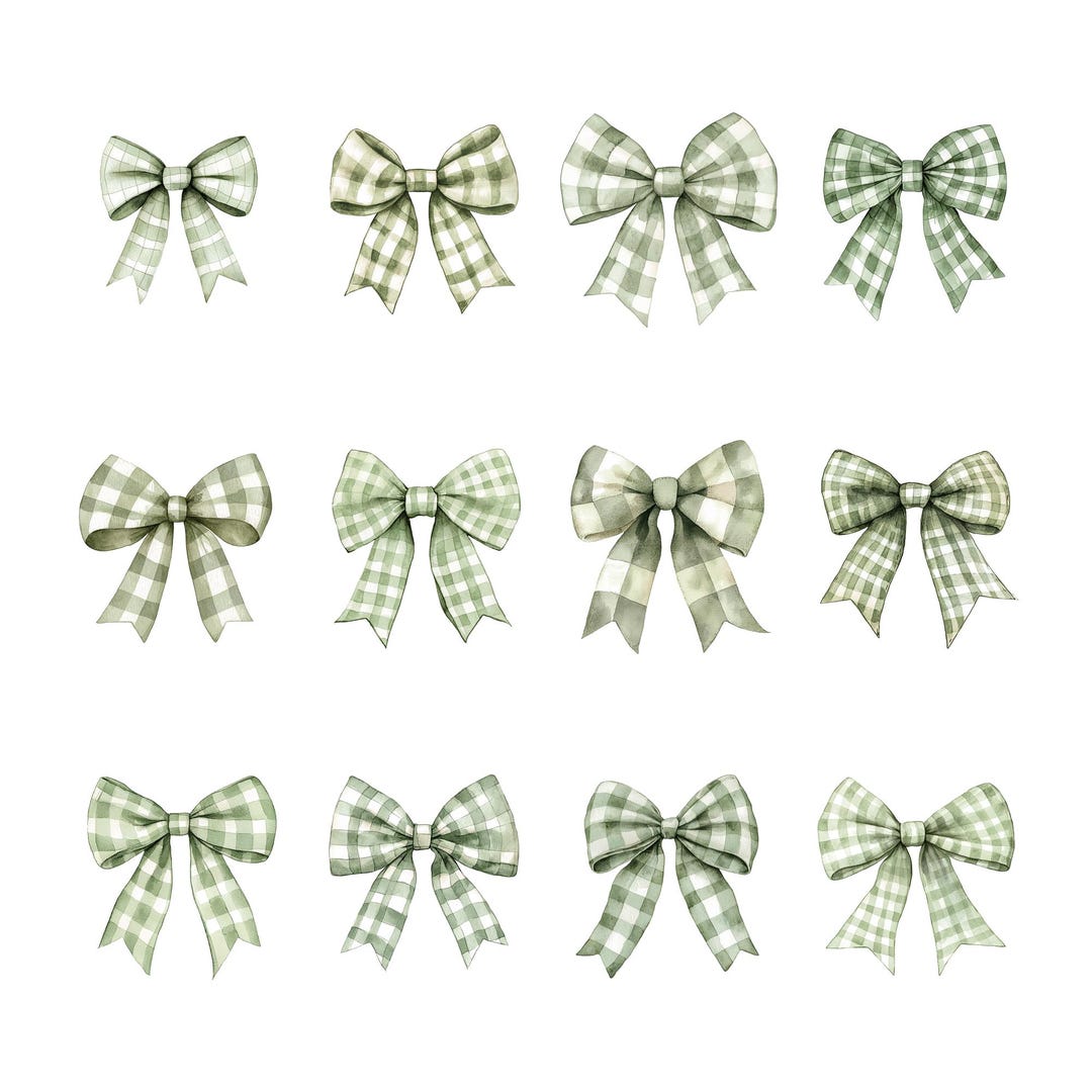 Green Gingham Coquette Bows Clipart Bundle, 12 High Quality PNG Files ...