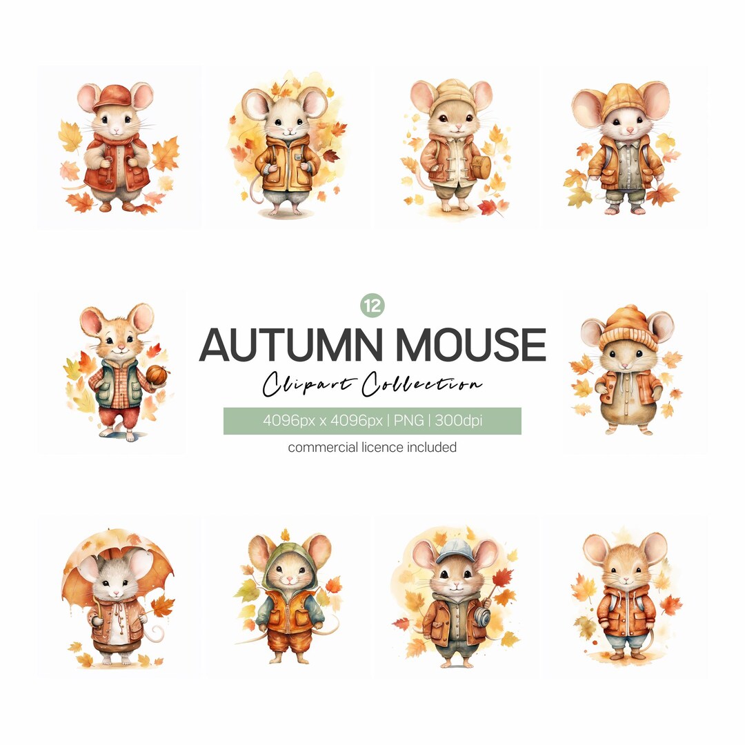Autumn Mouse Clipart Bundle, 12 High Quality PNG Files, Journal ...