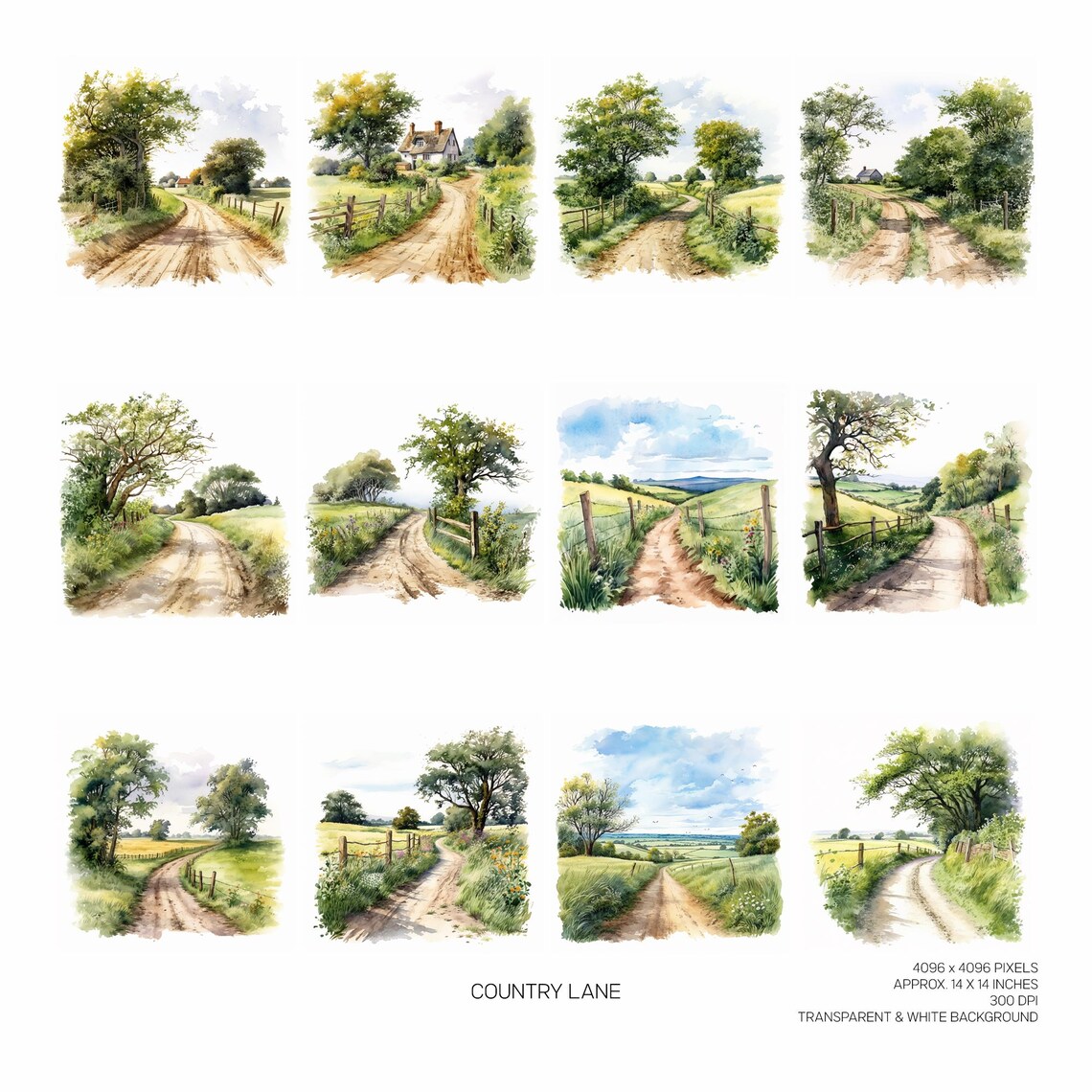 Country Lane Clipart Bundle, 12 High Quality PNG Files, Journal ...