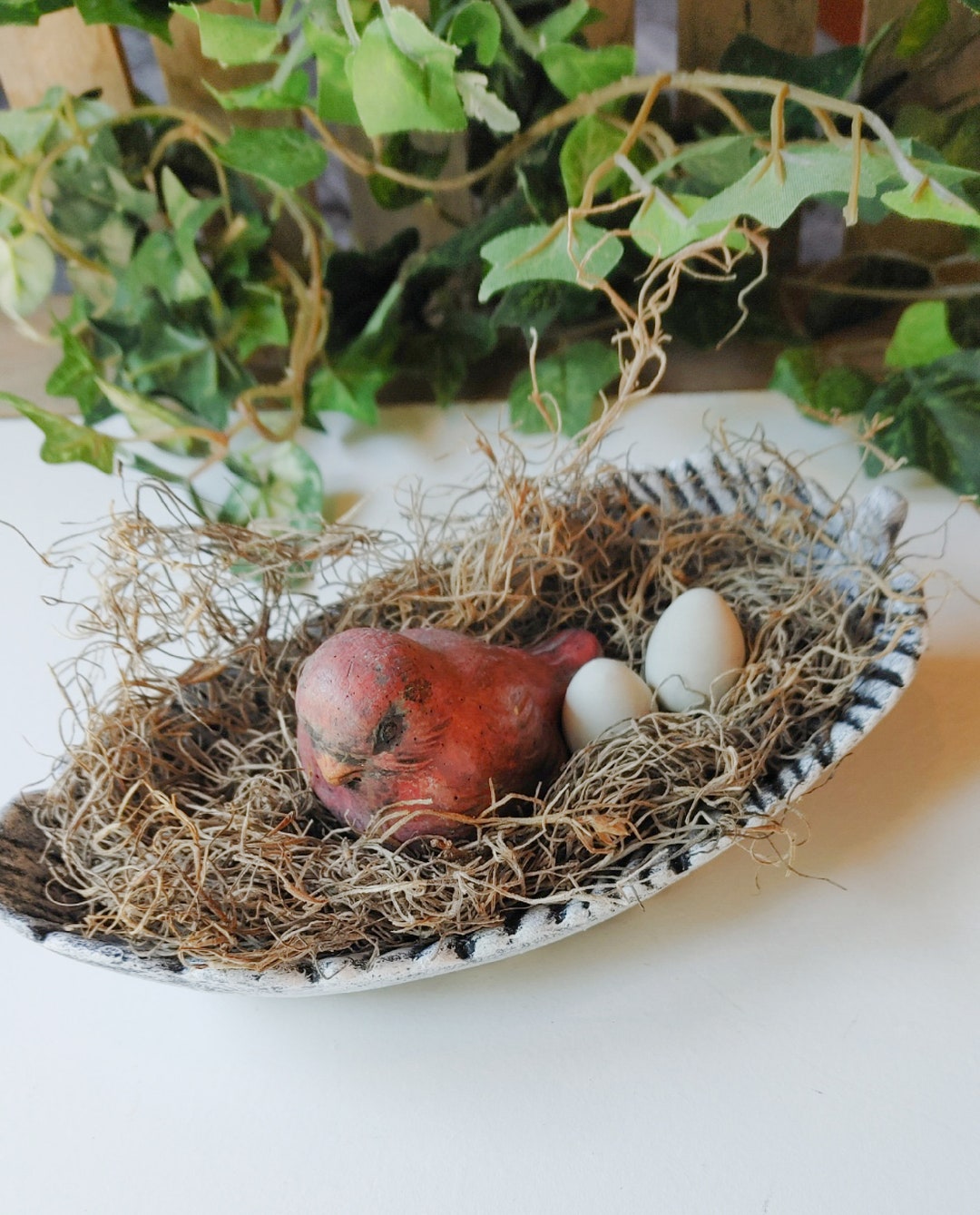 Bird, Feather Nest and Eggs, Tabletop Feeder, Tabletop Cement Figurines ...