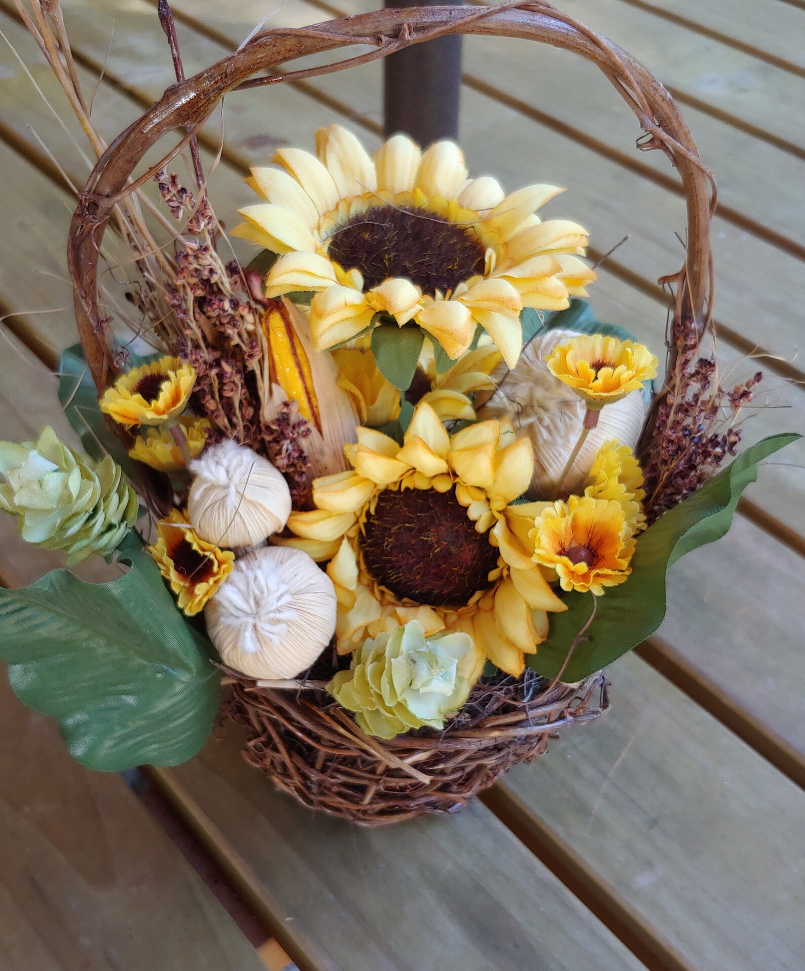 9 In. Silk Grapevine Basket W/bulb Sunflowers Leaves Ready - Etsy