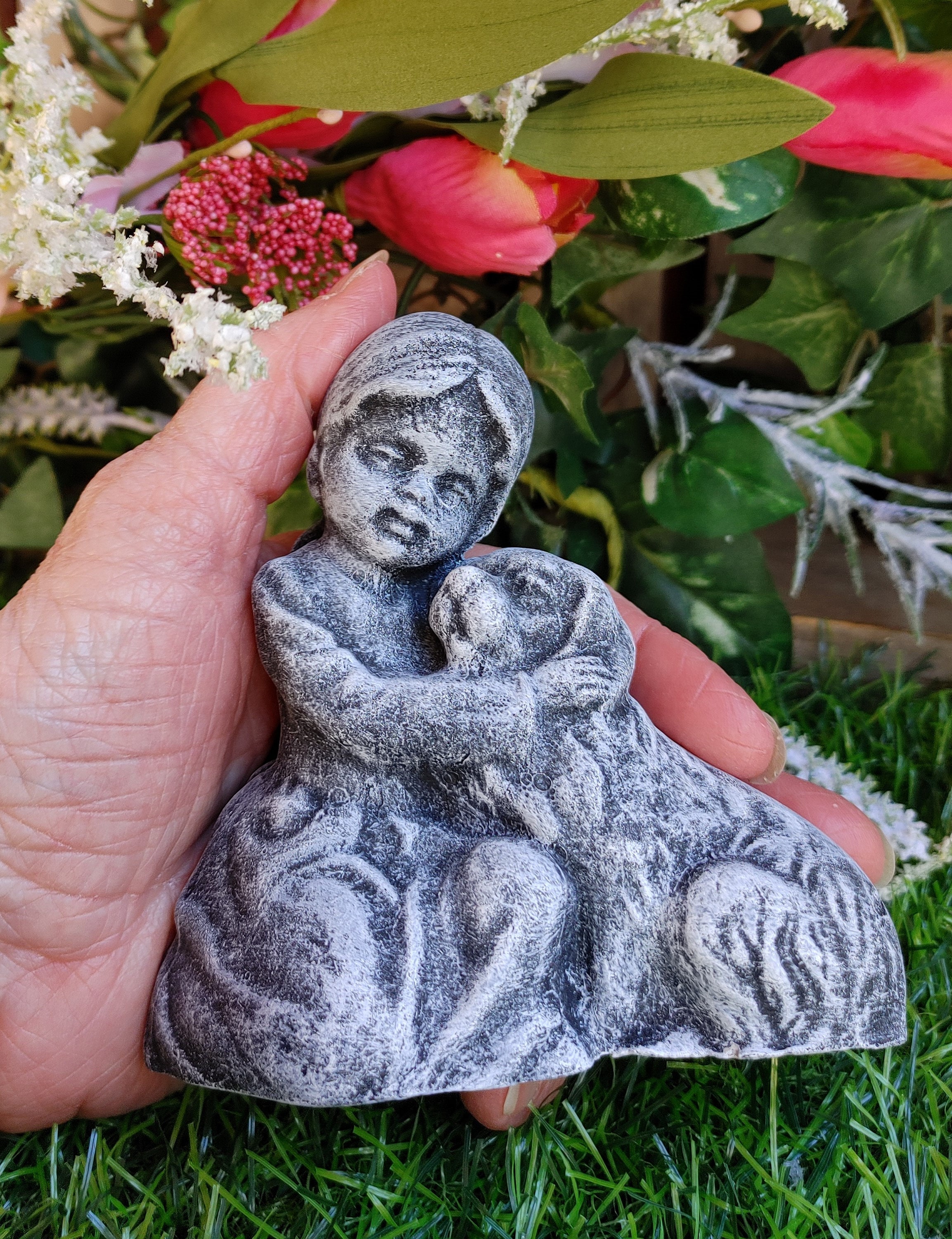 Handcrafted Concrete Girl and Dog Figurine: Garden Decor (4"x 4" X 3 ...