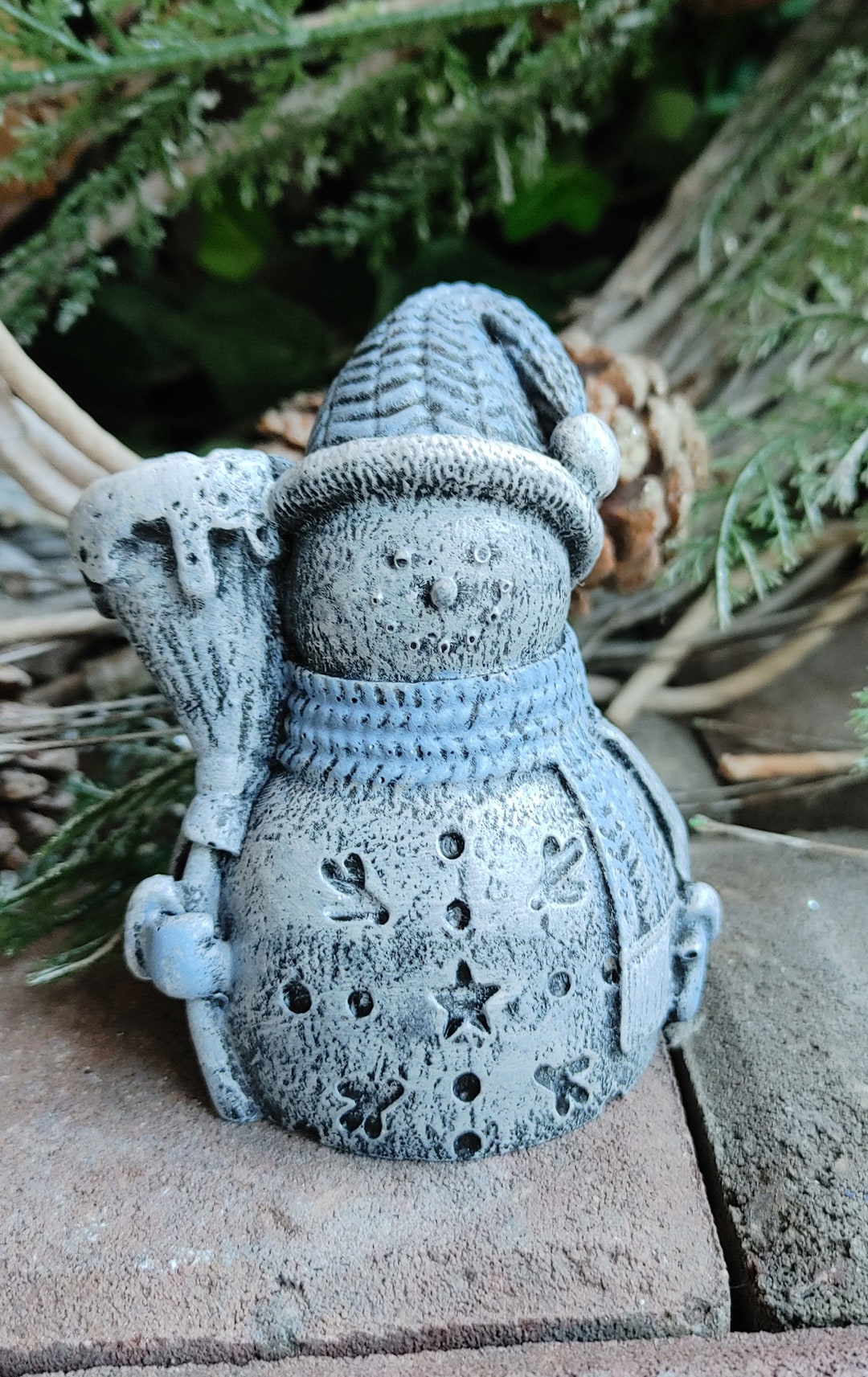Snowman in Concrete, Snowman in Blue Color Scarf and Hat, Cement ...