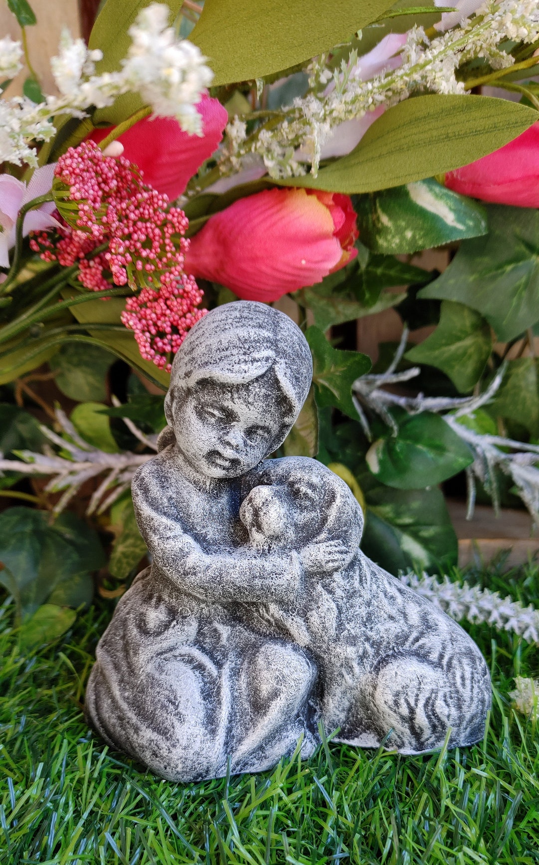 Handcrafted Concrete Girl and Dog Figurine: Garden Decor (4"x 4" X 3 ...