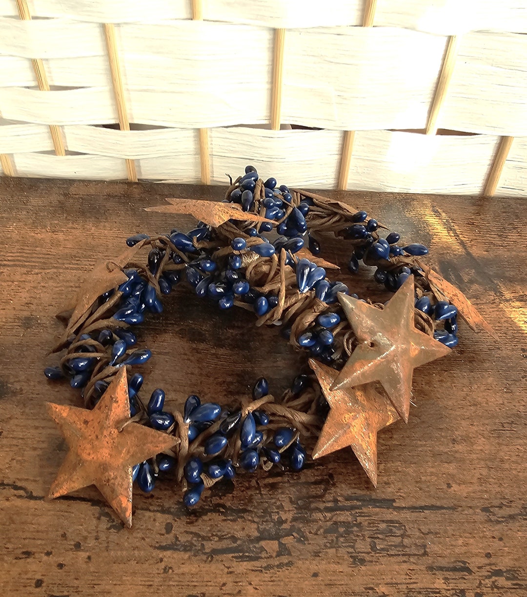 Set of 2 Navy Blue Pip Berries, Rust Stars Candle Rings, Votive, Taper ...