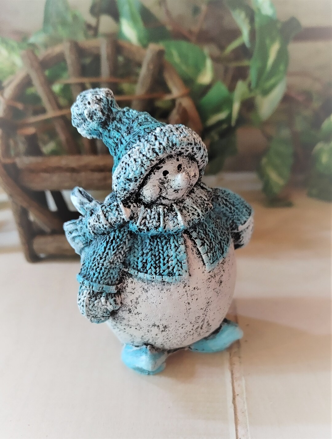 Snowman in Concrete, Snowman in Teal Color Sweater and Hat, Cement ...