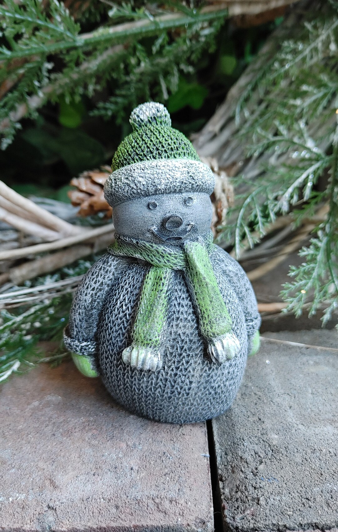 Concrete Snowman Figurine: Green Scarf and Hat, Garden Decor - Etsy