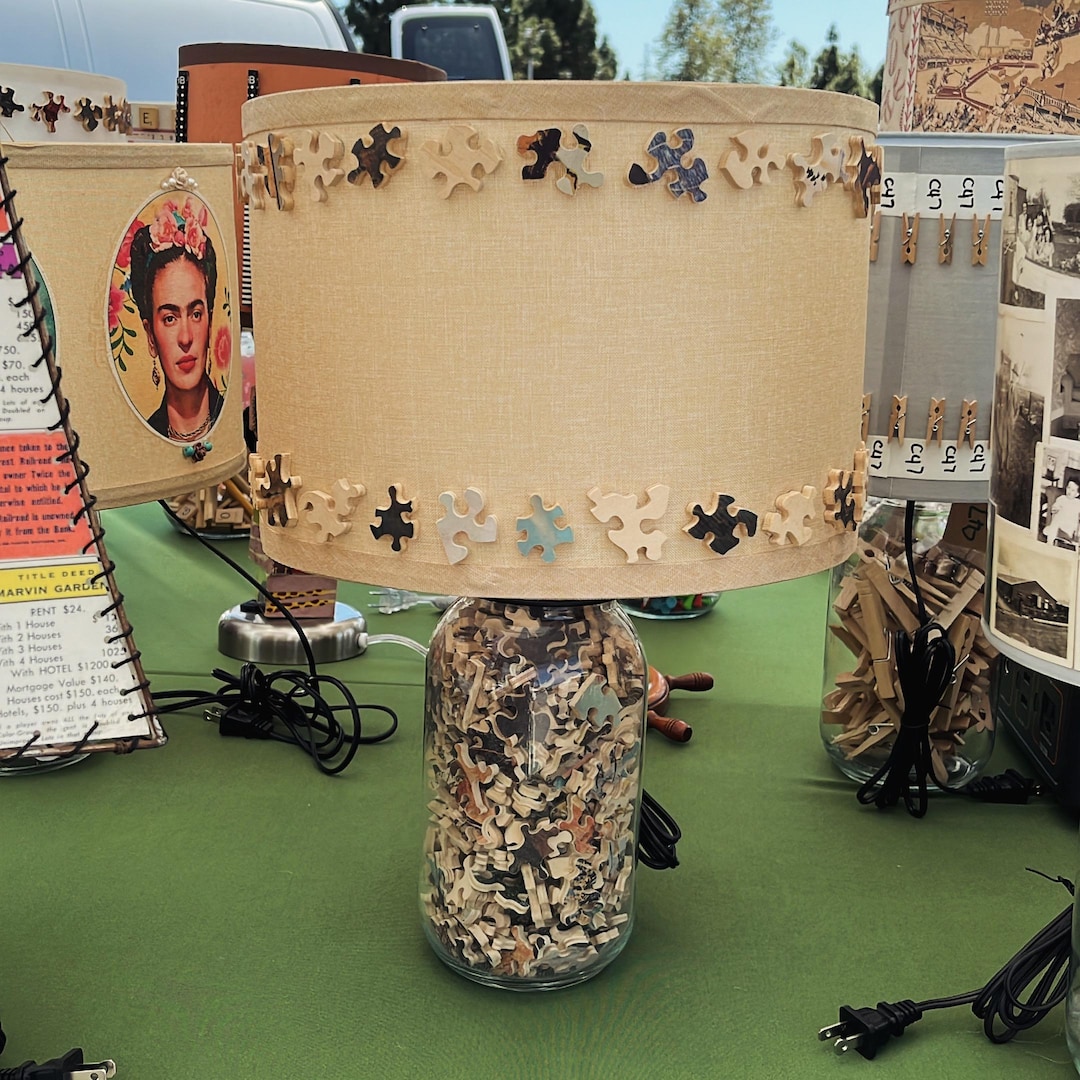 Vintage Jigsaw Puzzle Lamp and Lampshade, One of a Kind. Handc Rafted ...