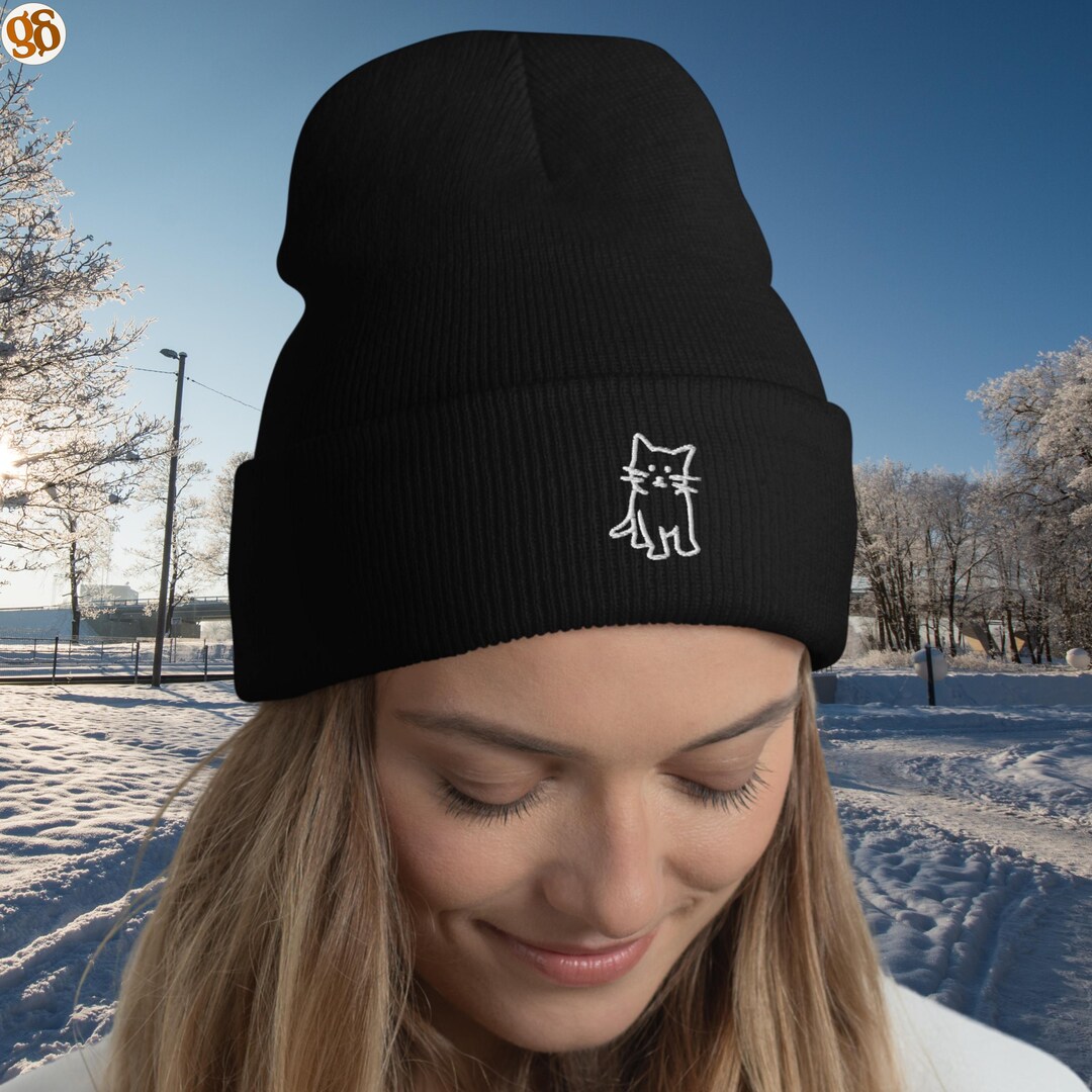 Cat Beanie, Embroidered Cat Hat, Cat Lover Gift, Cozy Winter Beanie ...