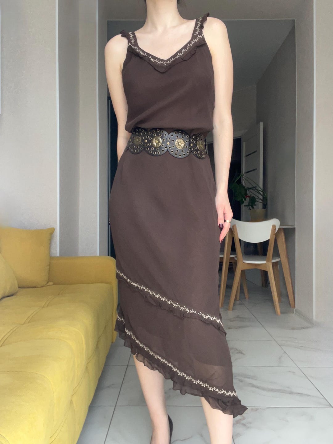 Vintage Long Chocolate Brown Dress Gown Boho Style Assymetrical Bottom ...