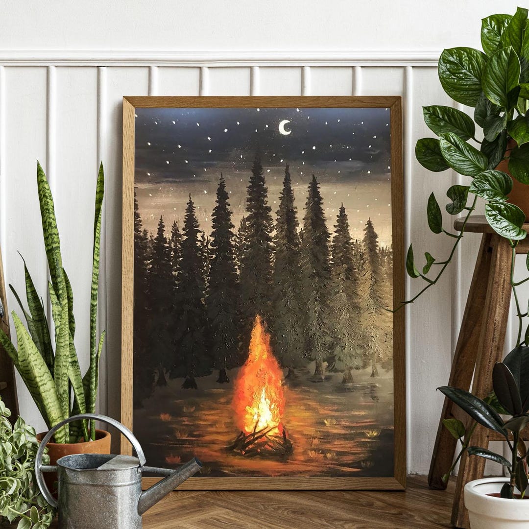 Rustic Campfire Oil Painting, Moody Pine Tree Poster Print, Camping ...