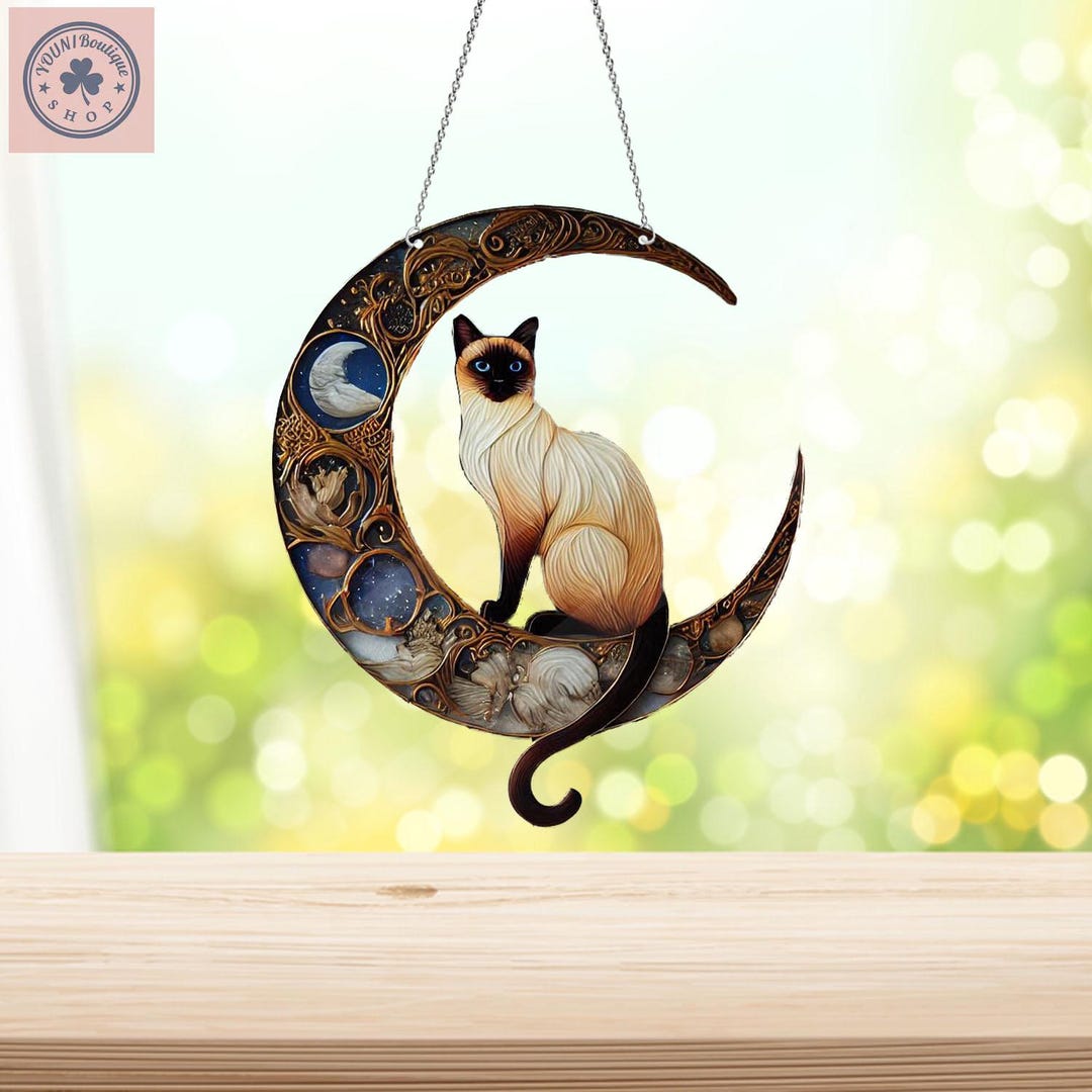 Siamese Cat on Moon Acrylic Window Hanging, Siamese Cat Window Decor ...